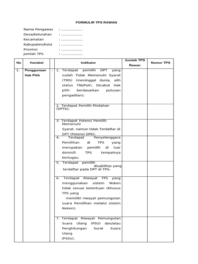 Formulir TPS Rawan | PDF
