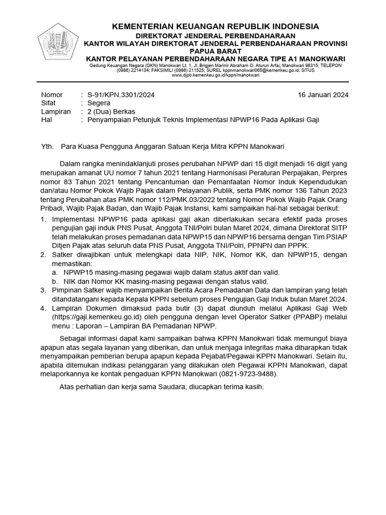 Penyampaian Petunjuk Teknis Implementasi NPWP16 Pada Aplikasi Gaji ...