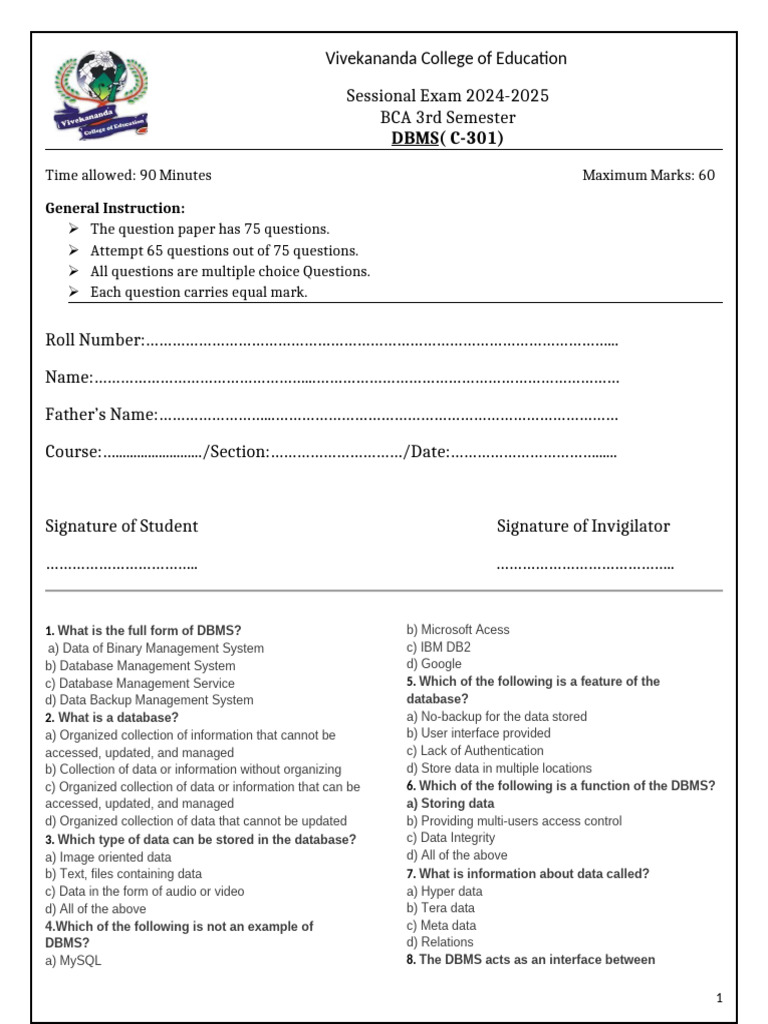 Bca DBMS Sessional Paper 2024-25 | PDF | Relational Database | Databases