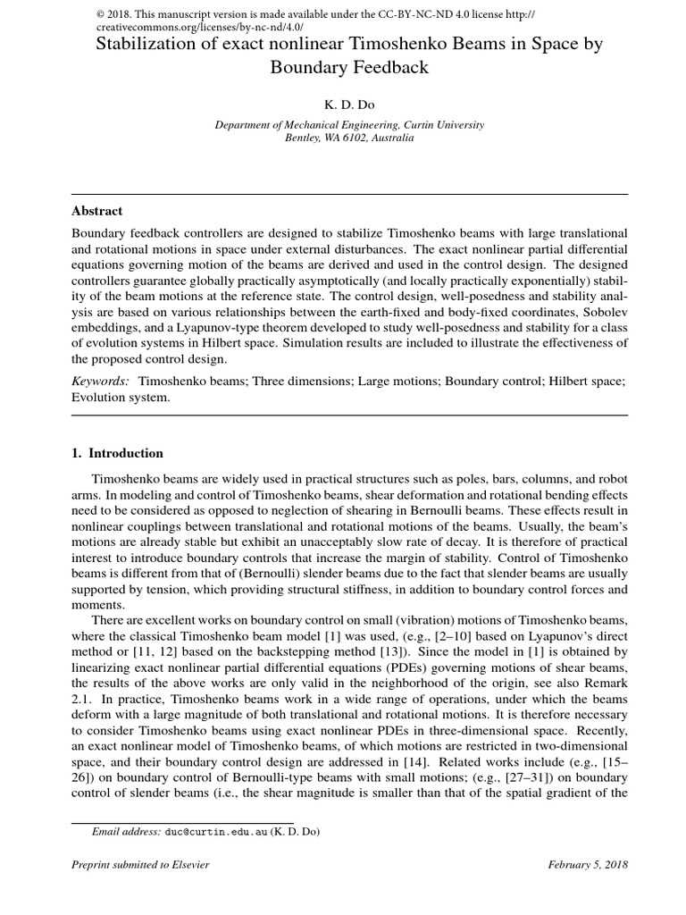 2016 Stabilization of Exact Nonlinear Timoshenko Beams in Space by Boundary Feedback - Do | PDF ...