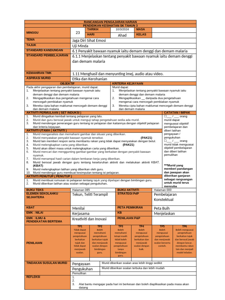 M23 RPH Pendidikan Kesihatan THN 3 2024-2025 by Cikgu Gorgeous | PDF | Kesehatan Holistik