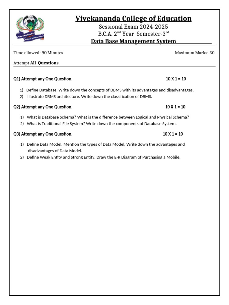 BCA 2nd Year DBMS Exam Pattern 2024-2025 | PDF