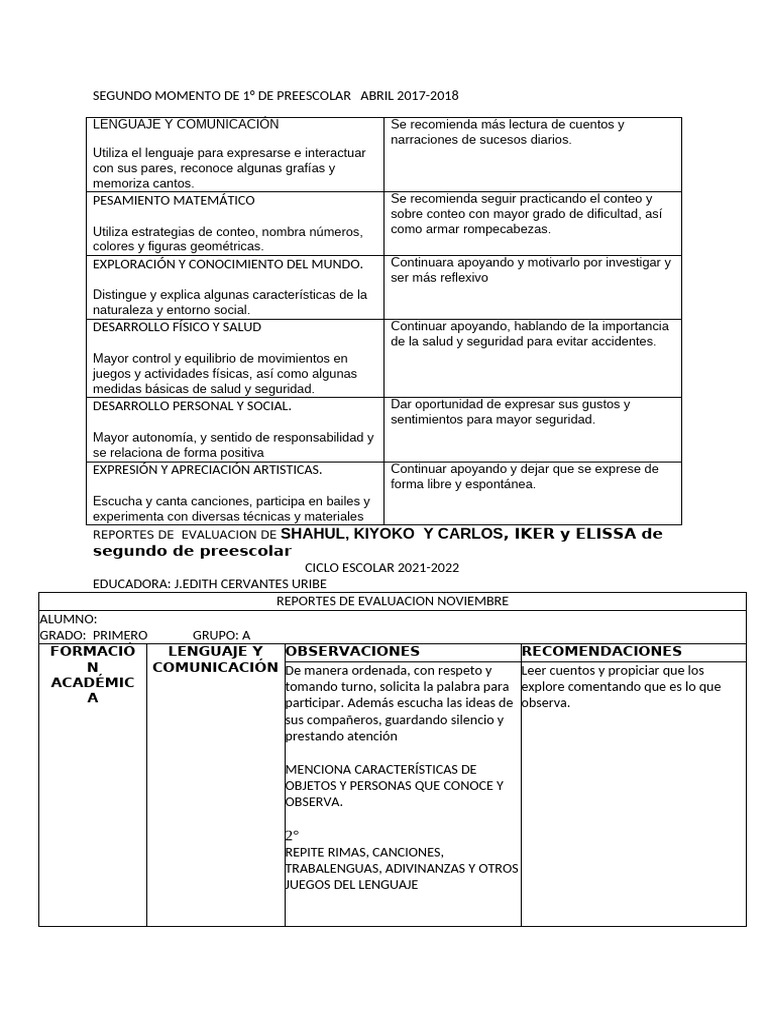 Evaluación Preescolar: Segundo Momento | PDF | Educación de la primera ...