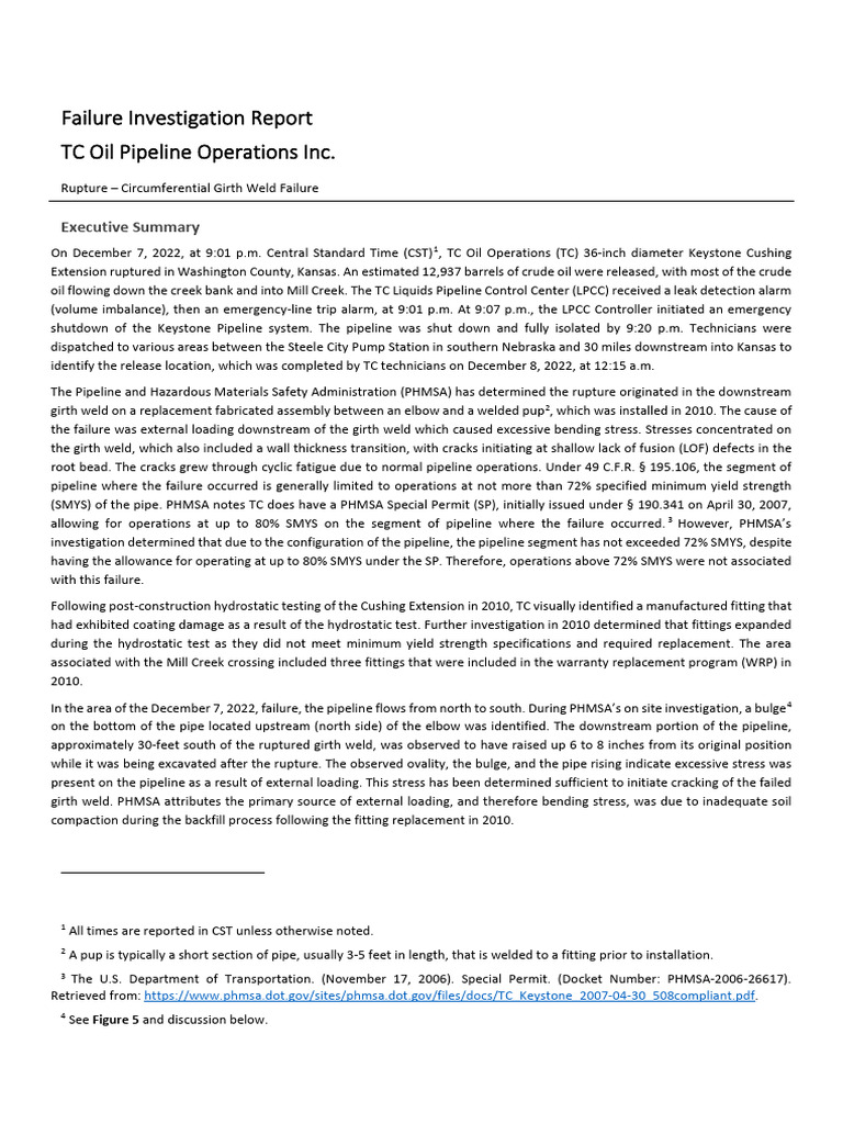 Failure Investigation Report - TC Oil Pipeline Operations Washington KS ...