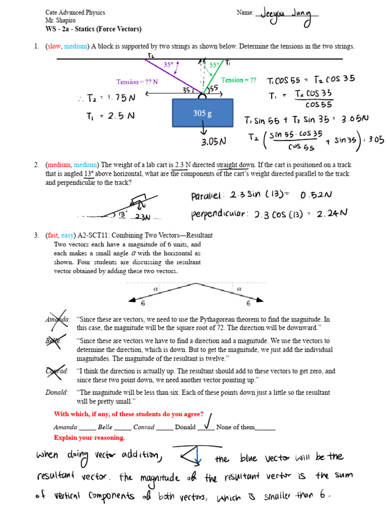 WS - 2a - Statics (Force Vectors) | PDF | Tension (Physics) | Force
