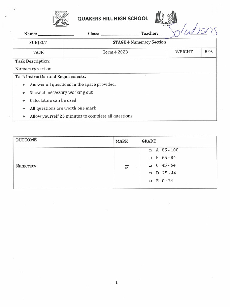 Stage 4 Numeracy Yearly Solutions | PDF