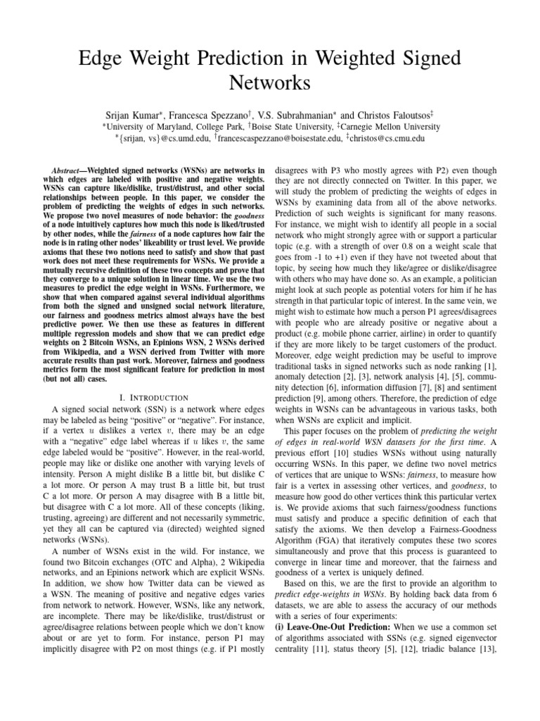Edge Weight Prediction in Weighted Signed Networks | PDF | Vertex ...