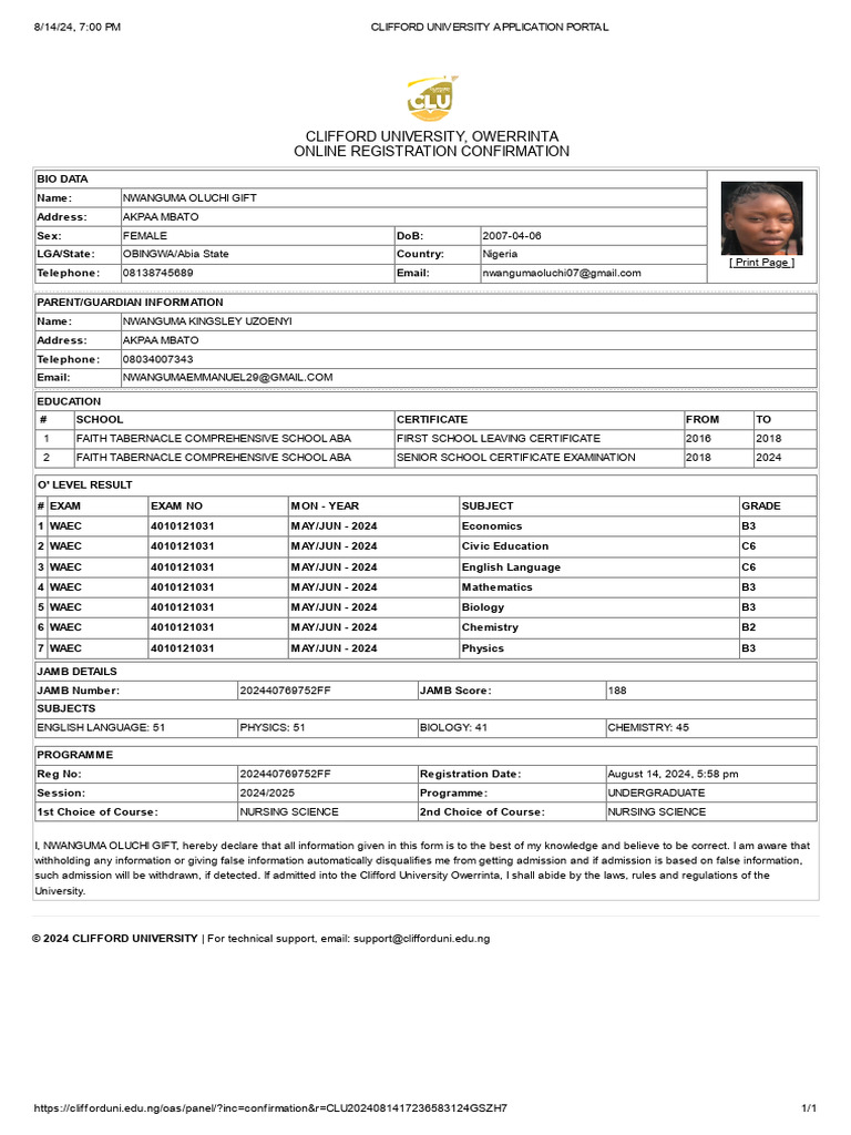 Clifford University Admission Confirmation | PDF | University And ...