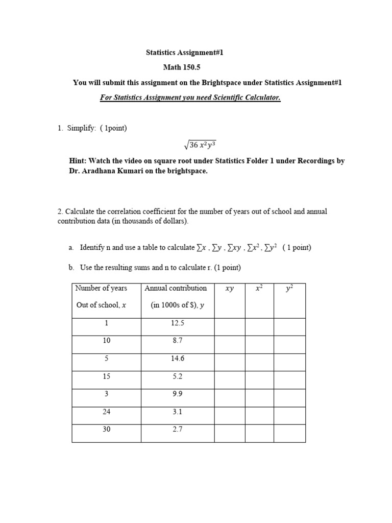 Statistics Assignment 1 Square Root Correlation Coefficient and Linear Regression | PDF ...