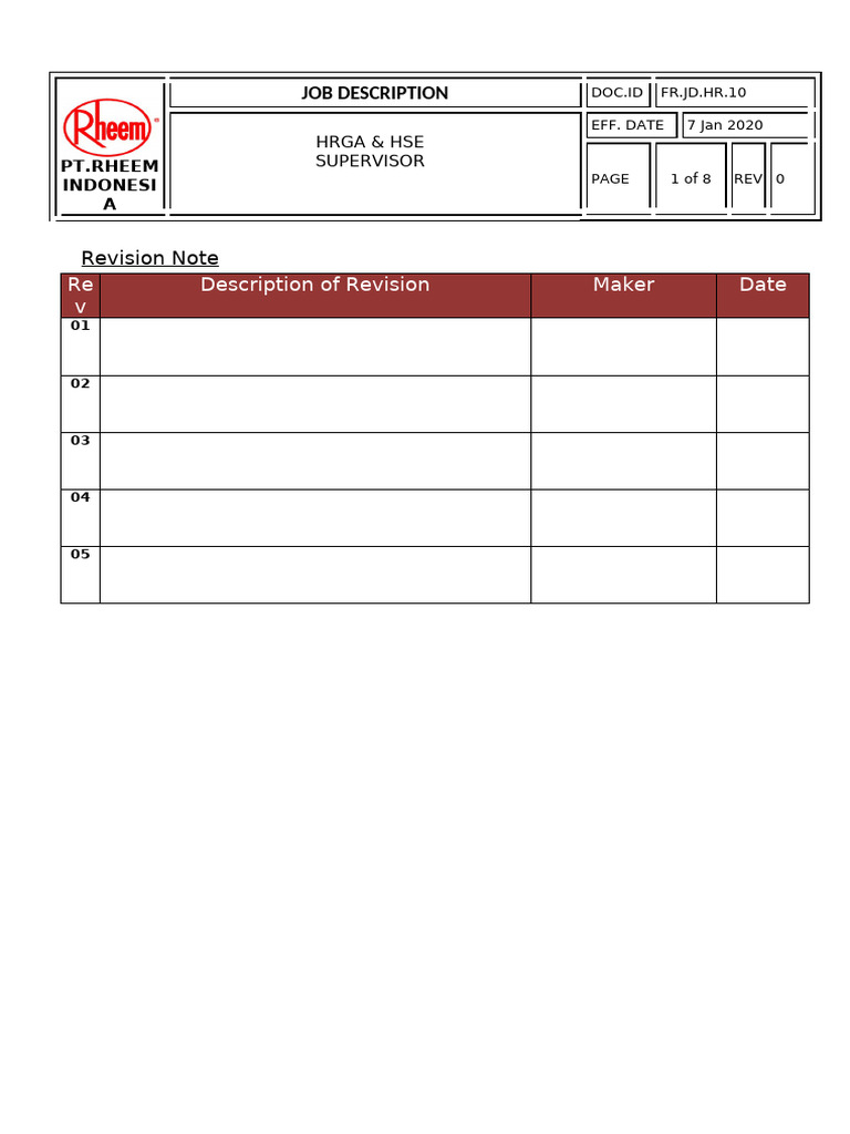 002 Job Desc SPV HRGA HSE (English Version) | PDF | Employment | Supervisor