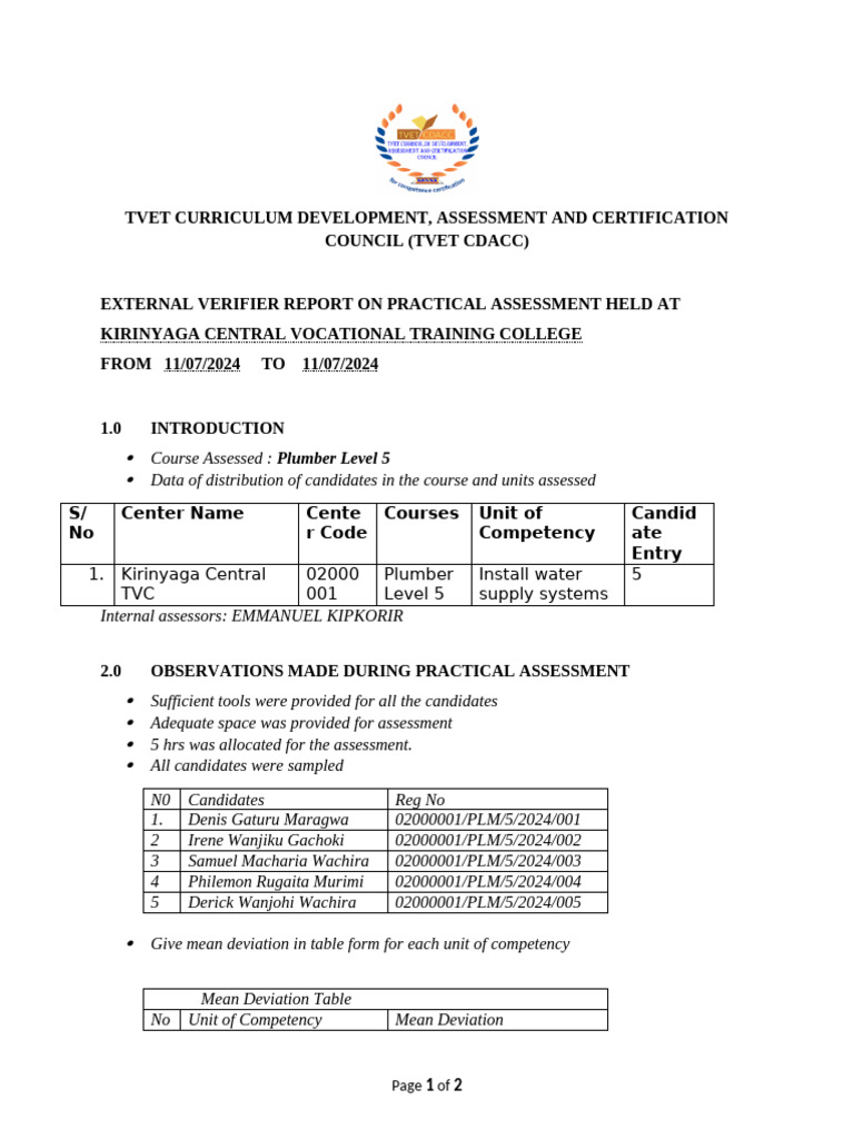 External Verifier's Report - Robert Mwangi - Kirinyaga Central TVC | PDF