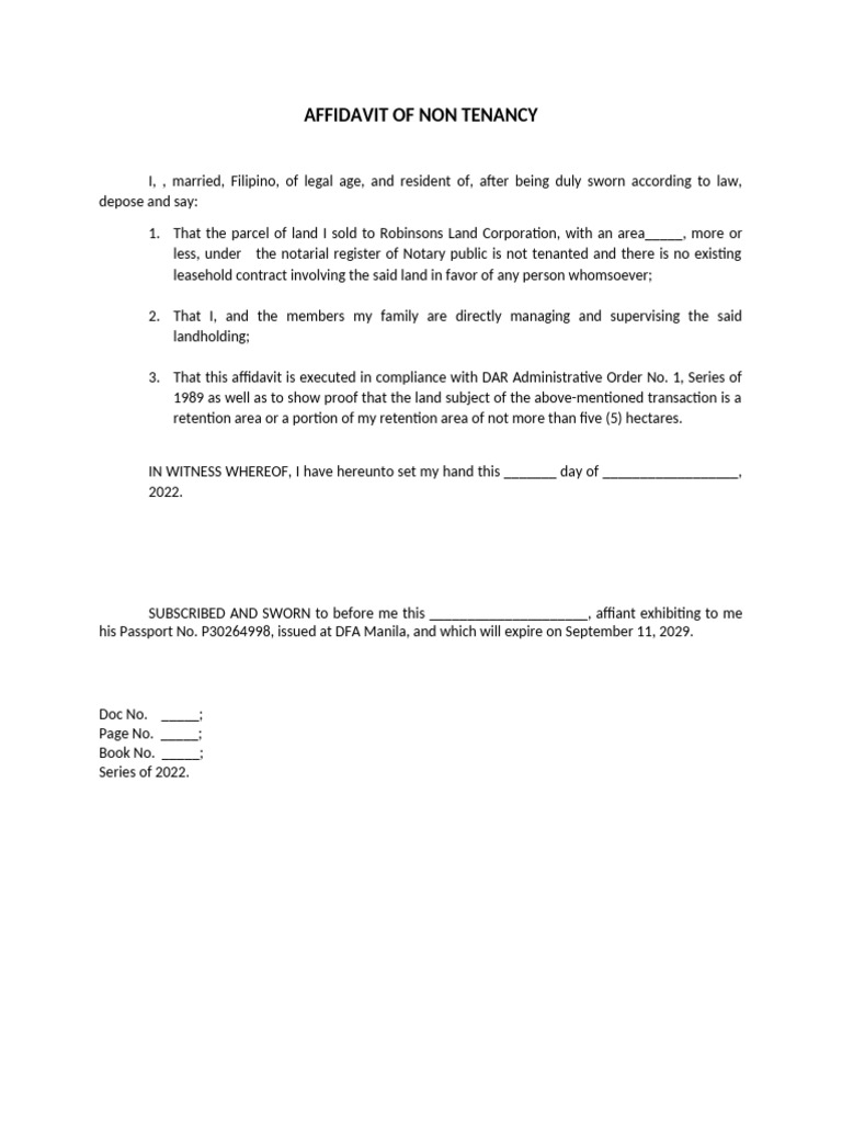 Affidavit of Non Tenancy (1 Hectare) | PDF | Affidavit | Leasehold Estate