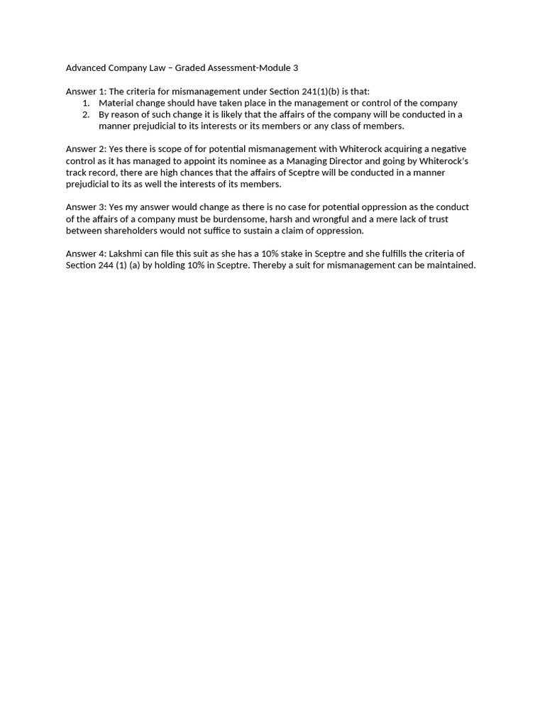 Mismanagement in Company Law Assessment | PDF