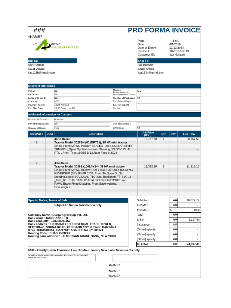 Export Proforma | PDF | Pro Forma | Tractor
