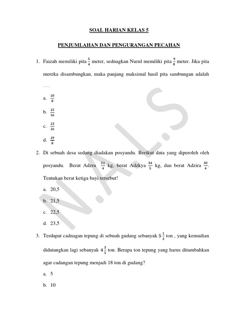 Soal Harian Kelas 5 Penjumlahan Dan Peng | PDF | Griya & Taman