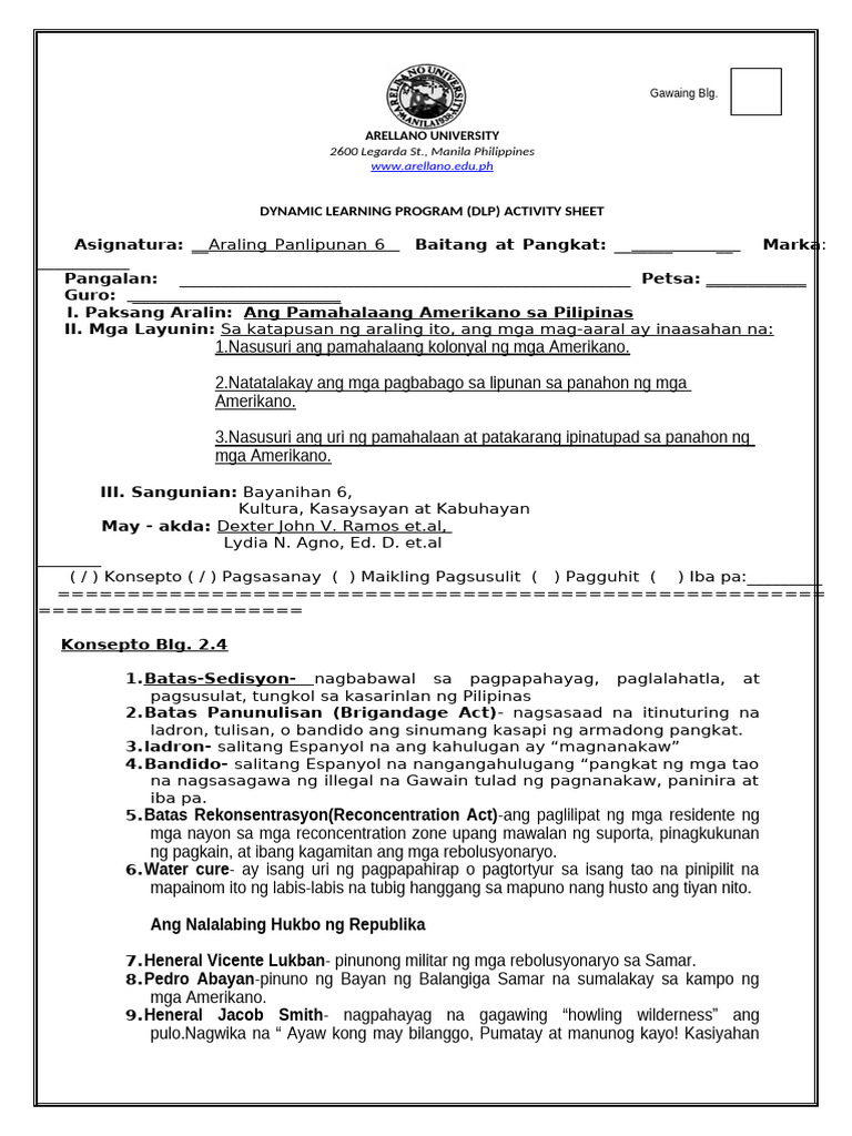 DLP AP 6 Aralin 2.4 Ang Pamahalaang Amerikano Sa Pilipinas | PDF