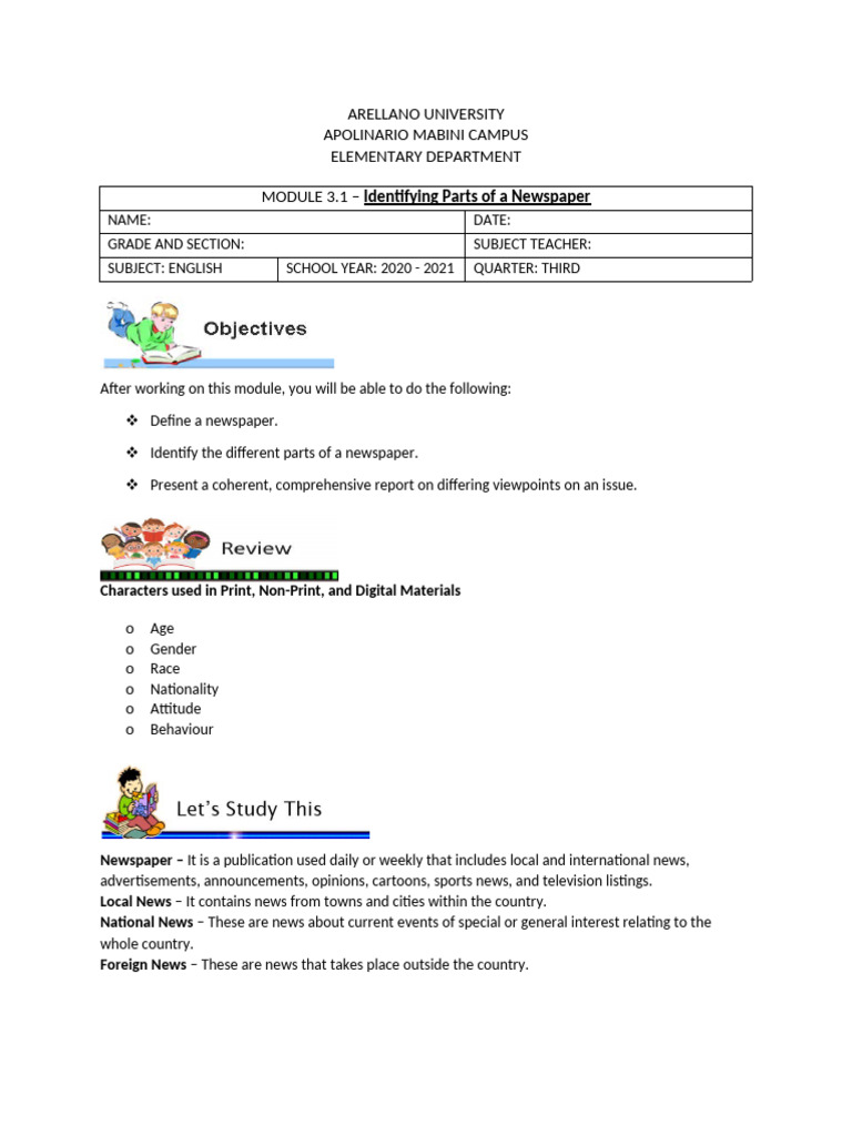 Understanding Newspaper Parts for Grade 6 | PDF | Newspapers | News
