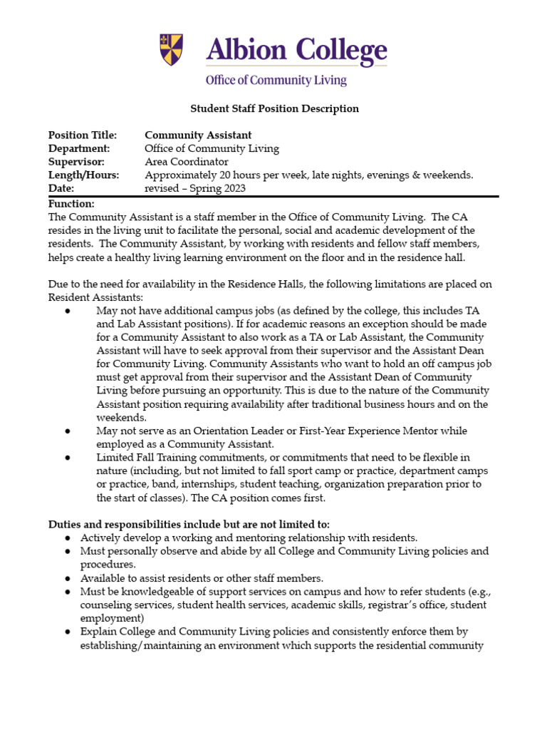 Community Assistant Job Description | PDF | Employment | Labor
