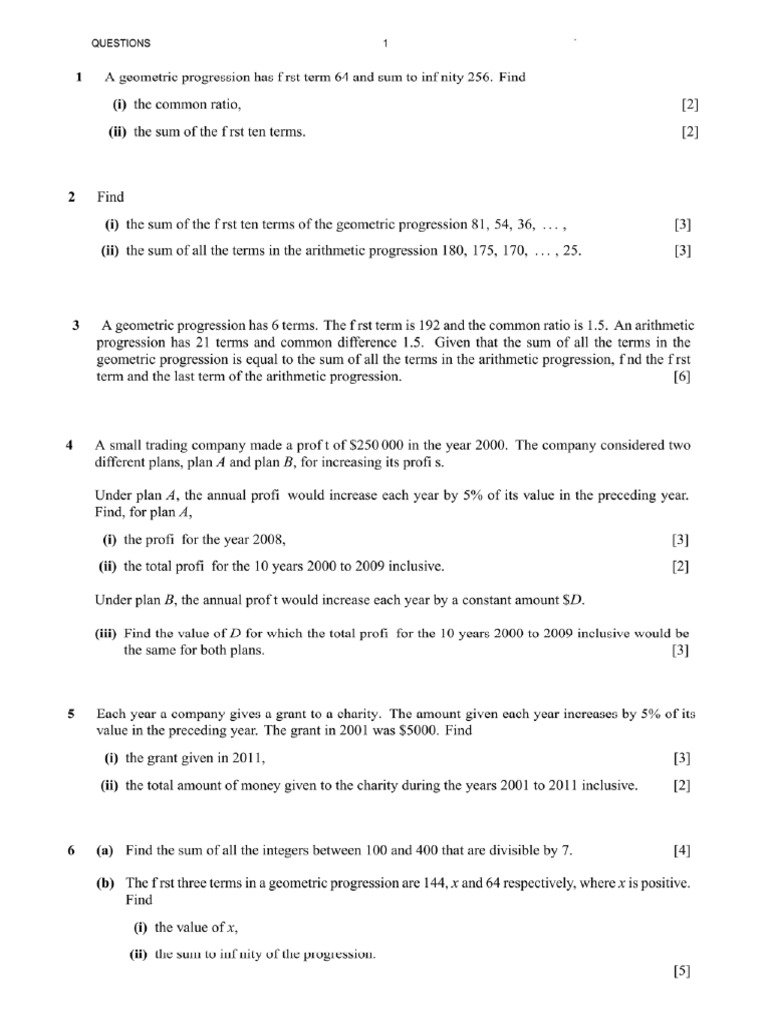 Arithmetic and Geometric Progressions Worksheet | PDF
