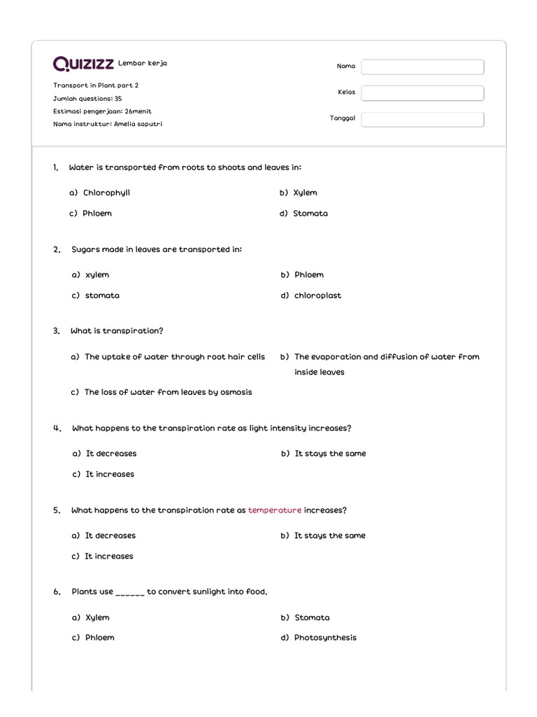 Plant Transport Quiz | PDF | Leaf | Stoma