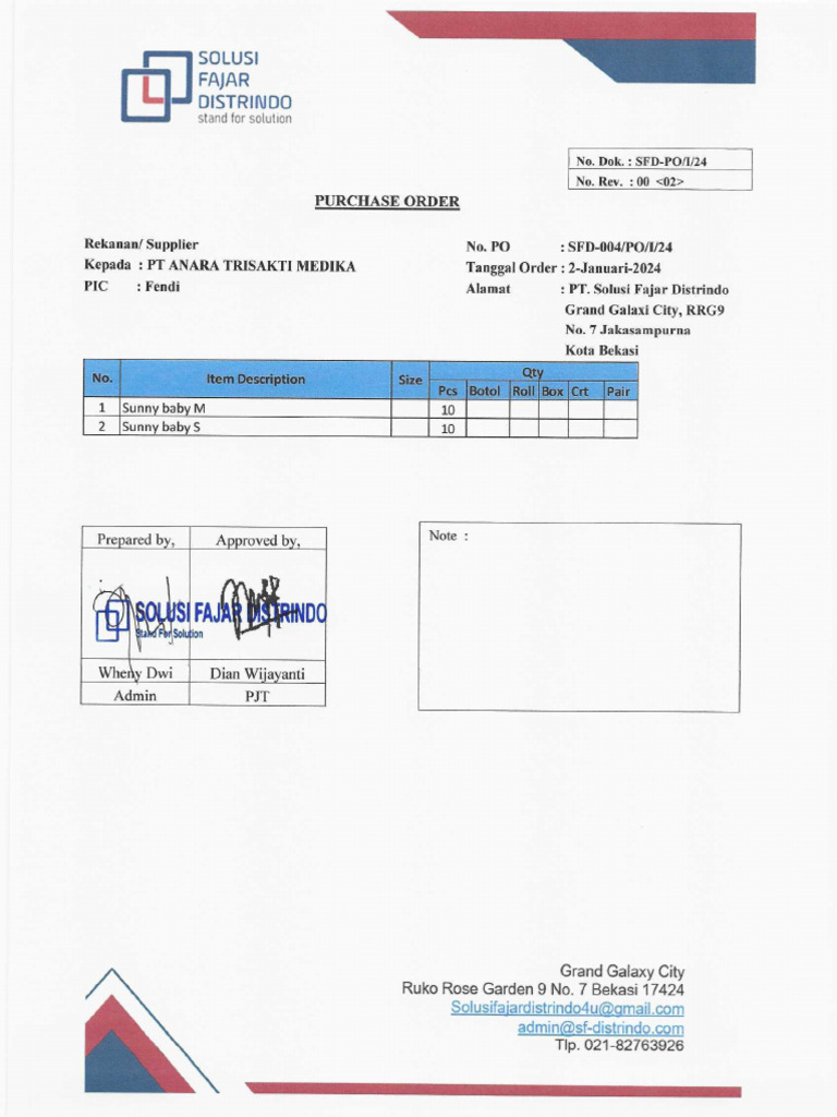 004 Purchase Order SFD - PT Anara Trisakti Medika | PDF