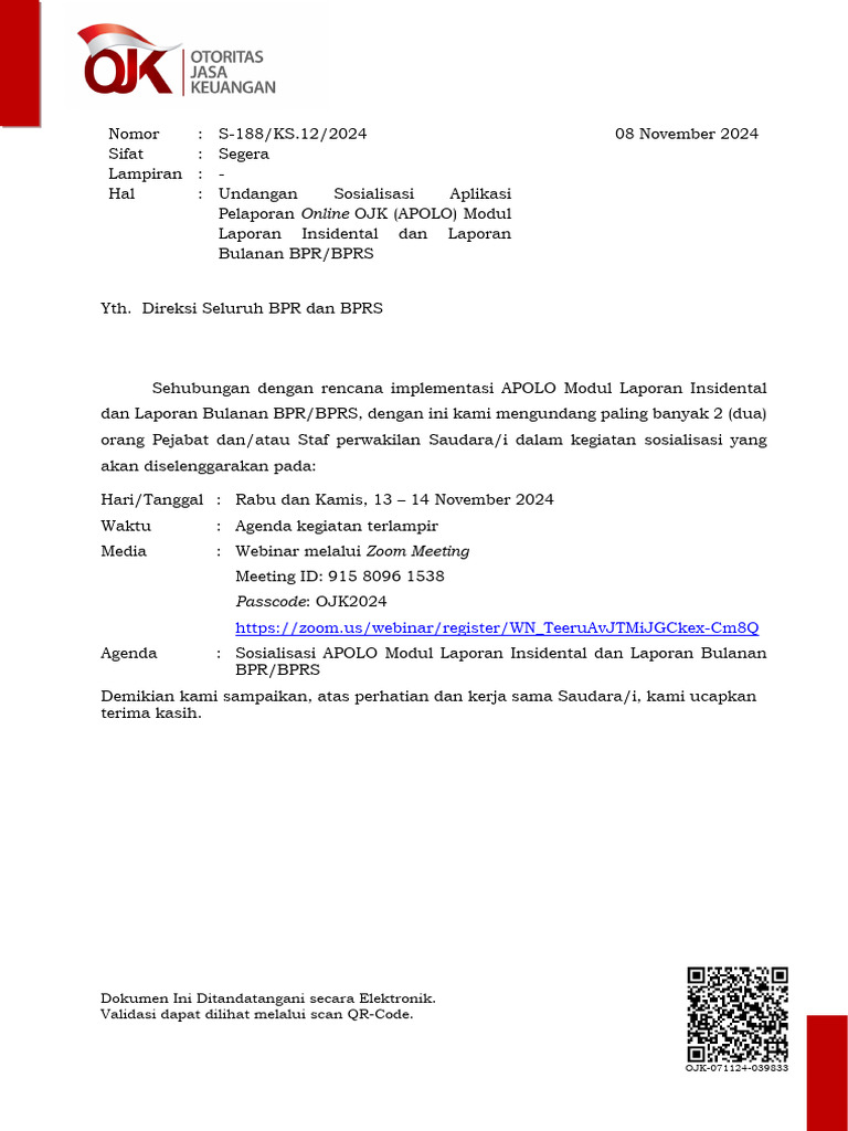 S-188.KS.12.2024 - 081124 - Undangan Sosialisasi Aplikasi Pelaporan Online OJK APOLO Modul ...