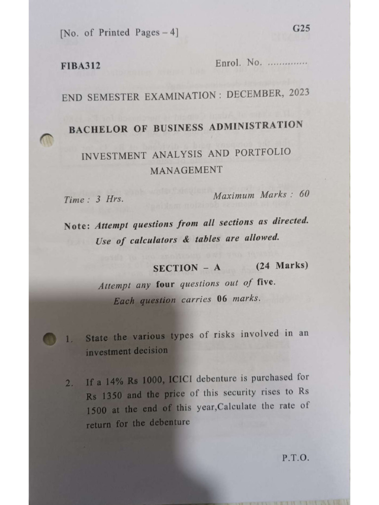 BBA Amity College IAPM Question Paper - Compressed | PDF | Investing ...