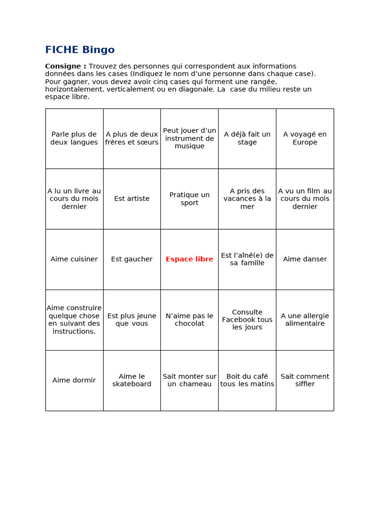 Fiche Bingo : Trouvez vos correspondances | PDF