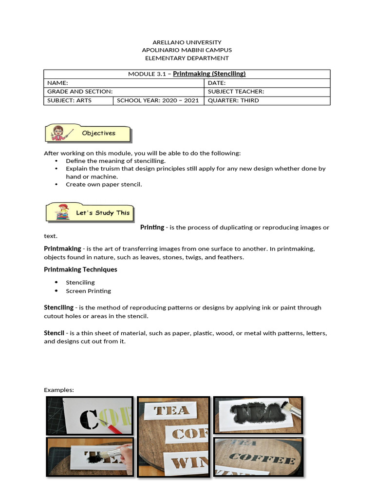 ARTS6 DLP 3.1 Printmaking Stenciling | PDF | Printmaking | Paper