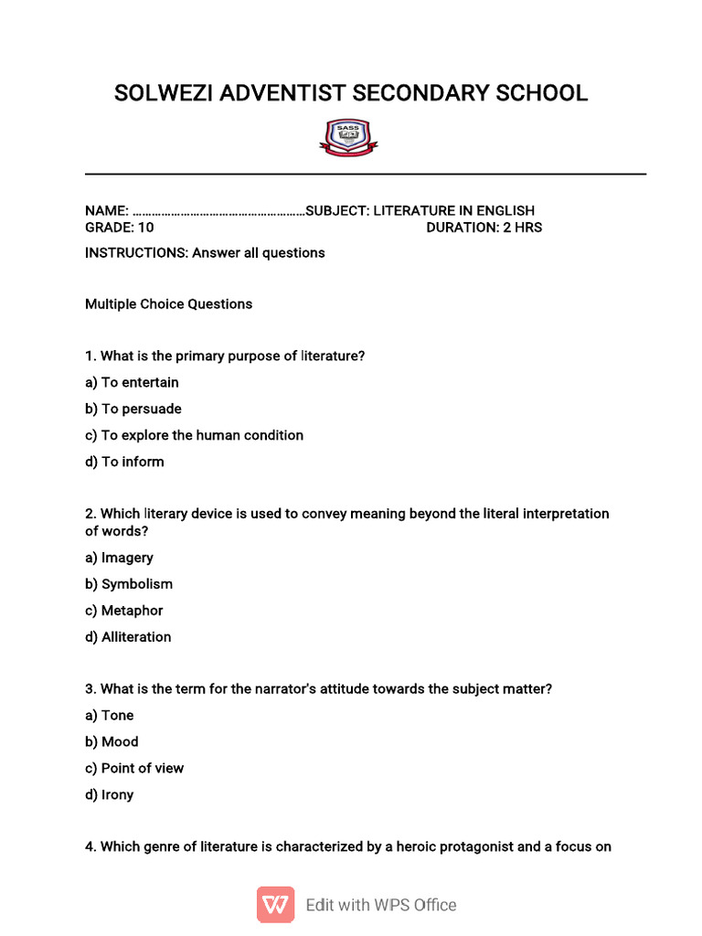 Literature Test | PDF | Classics