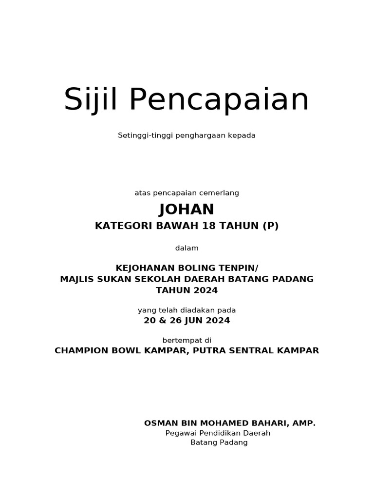 Template Sijil Pencapaian Boling | PDF