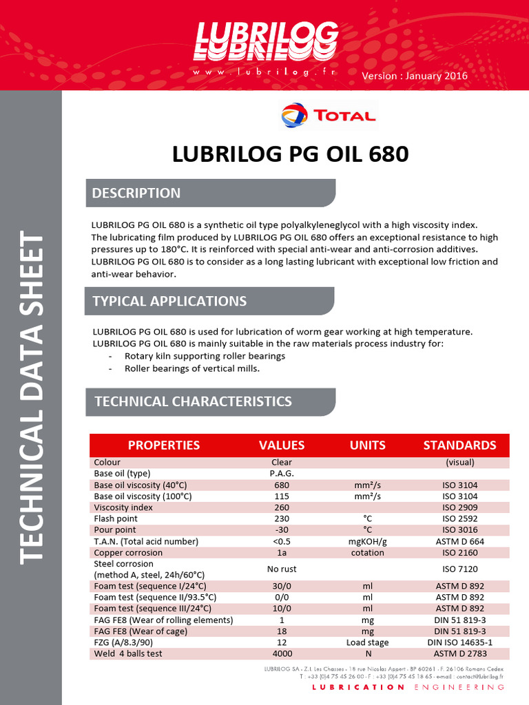Tds Lubrilog PG Oil 680 F5u 201601 en - Copie | PDF | Bearing ...