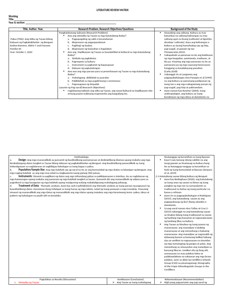 LITERATURE REVIEW MATRIX Komunikasyon Final | PDF