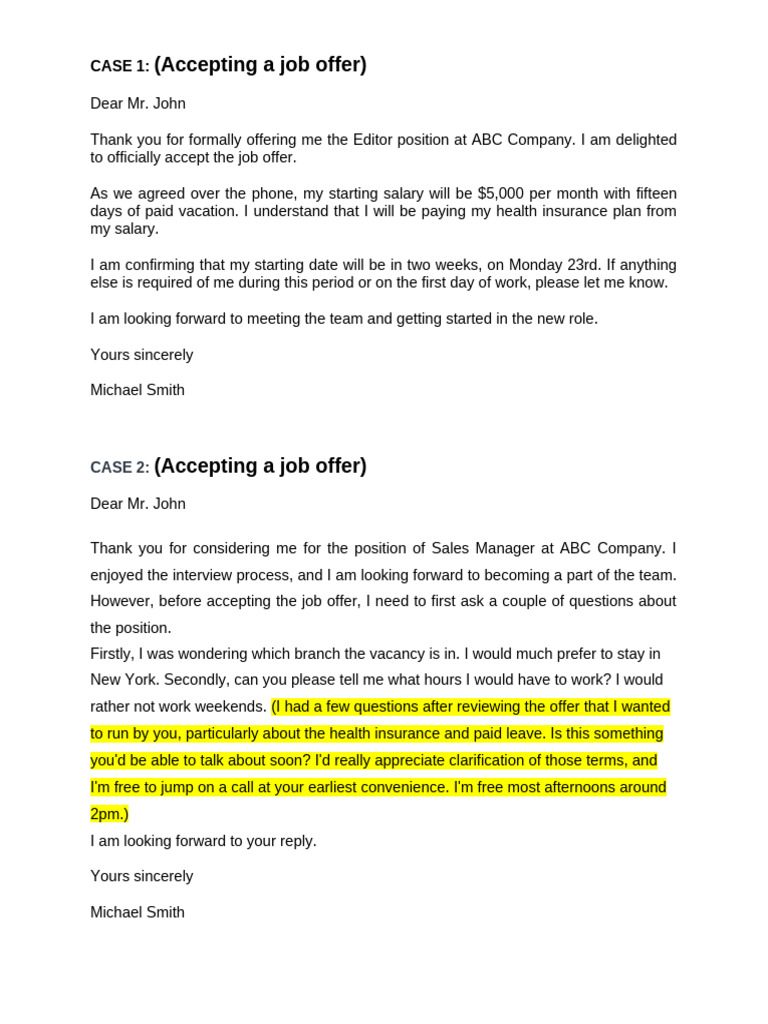 Model Emails - Replying To A Job Offer | PDF