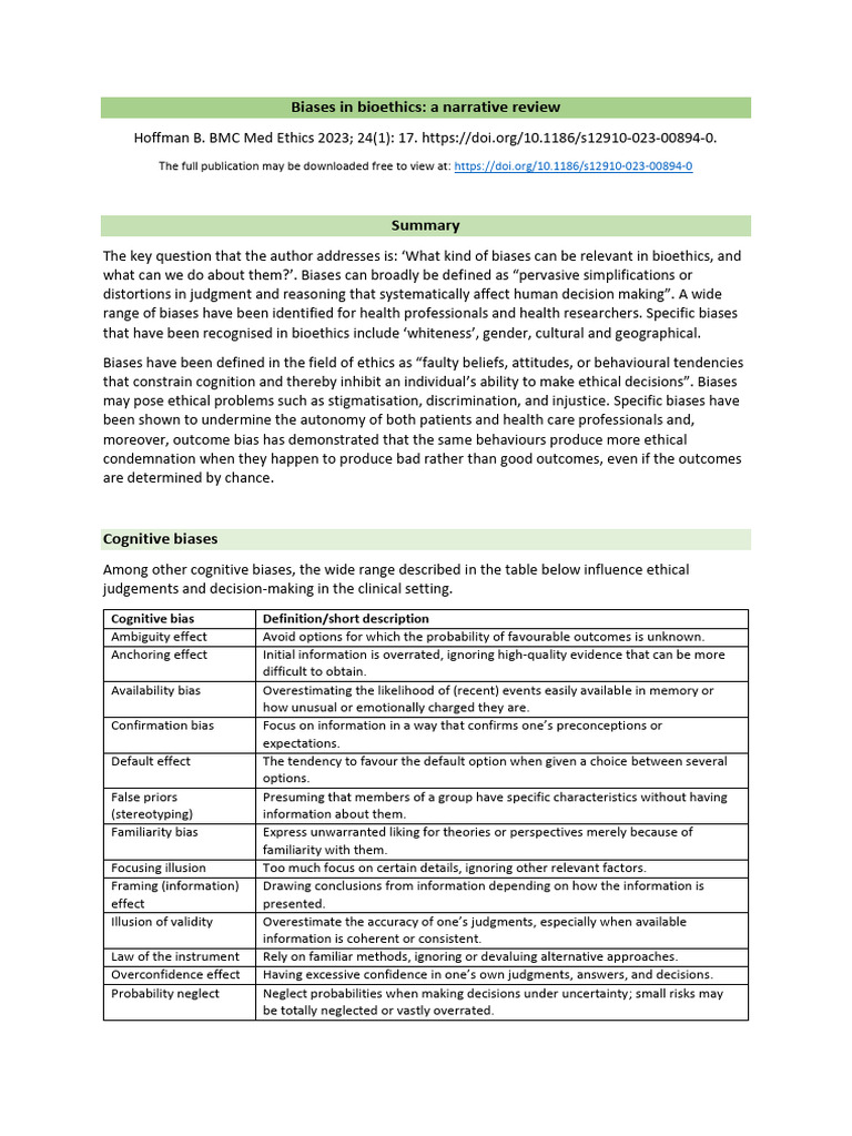 SUMMARY Ethics - Bioethics GH | PDF | Bias | Decision Making