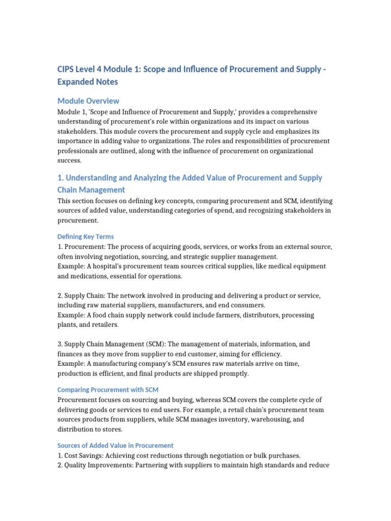 CIPS Level 4 Module 1 Expanded Notes | PDF | Procurement | Supply Chain ...