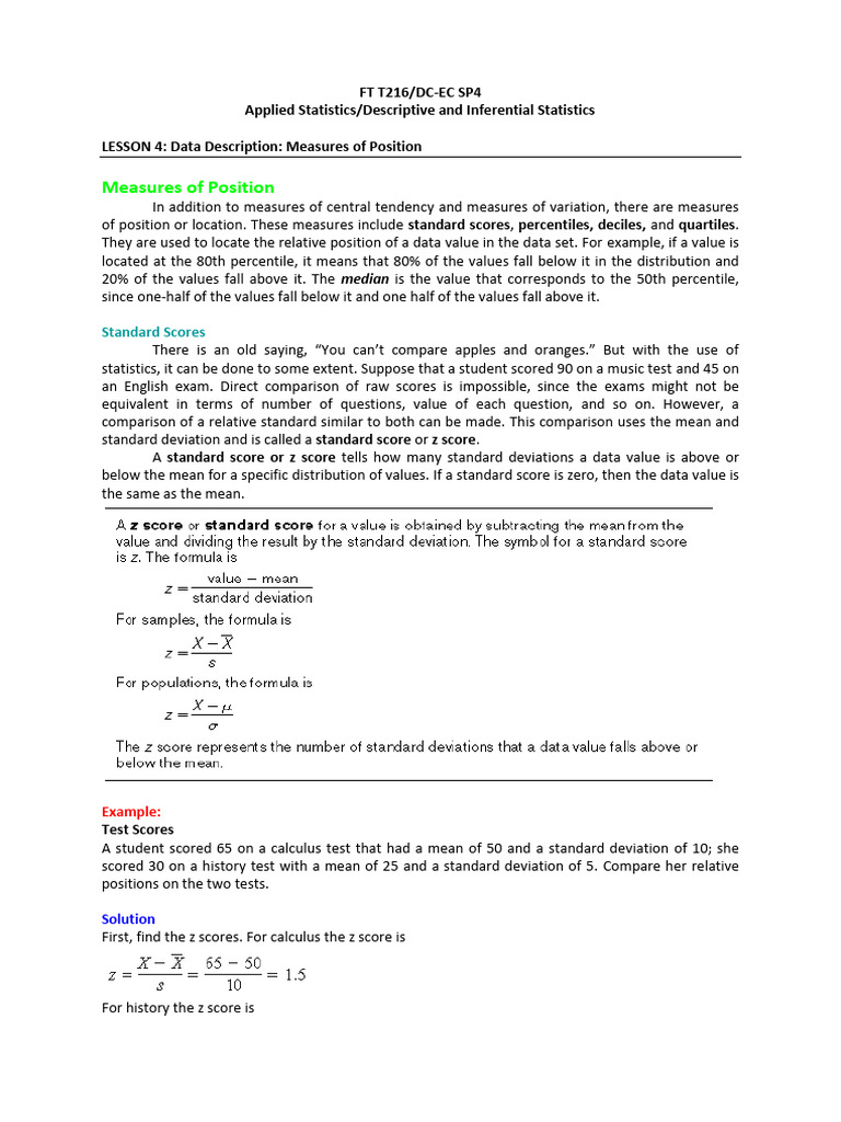 Lesson 4 Data Description Measures of Position-1 | PDF | Quartile | Standard Score