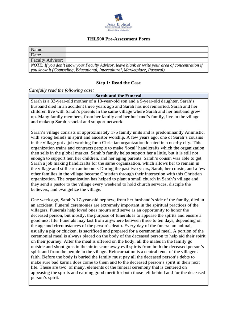THL500 Pre-Assessment Form | PDF | Funeral | Religious Belief And Doctrine