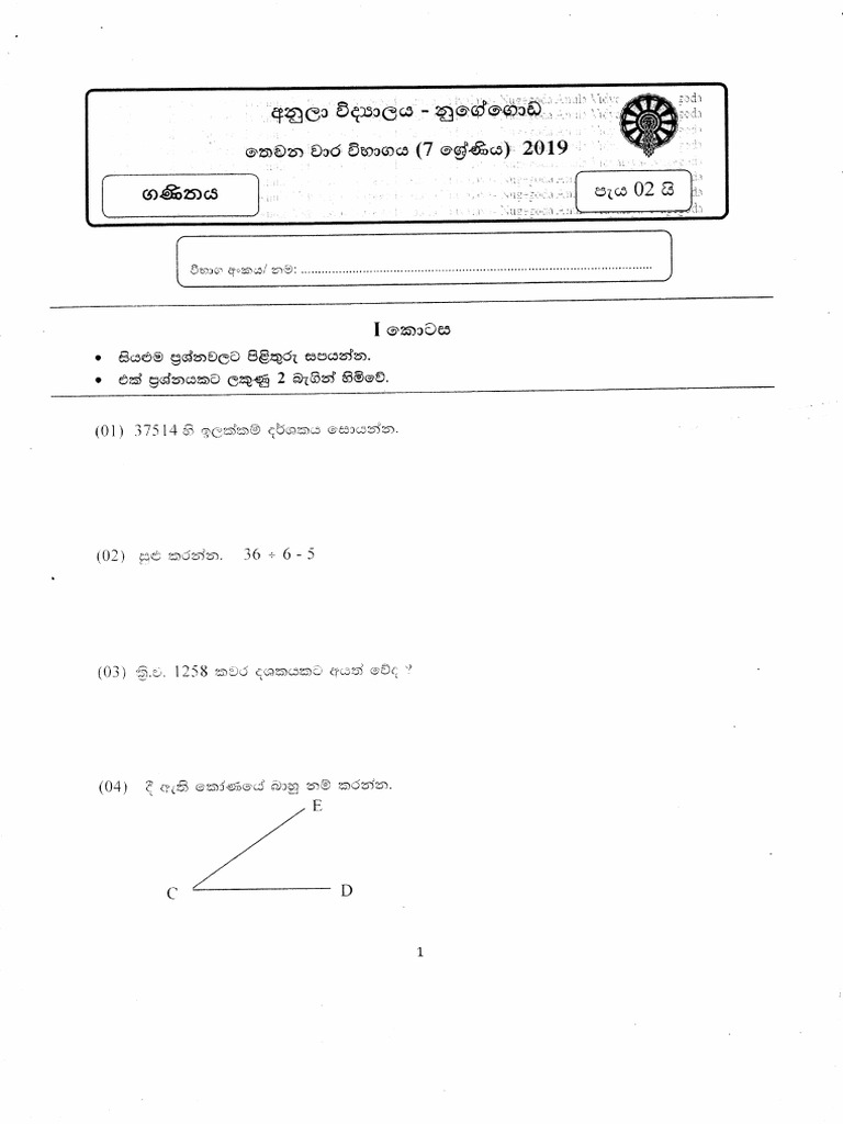 2019 Grade 07 Mathematics Third Term Test Paper Anula Collage | PDF ...