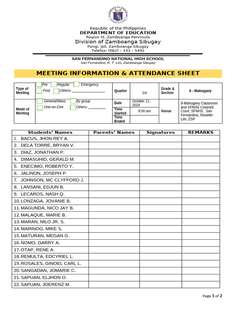 HRPTA Meeting Attendance Sheet | PDF