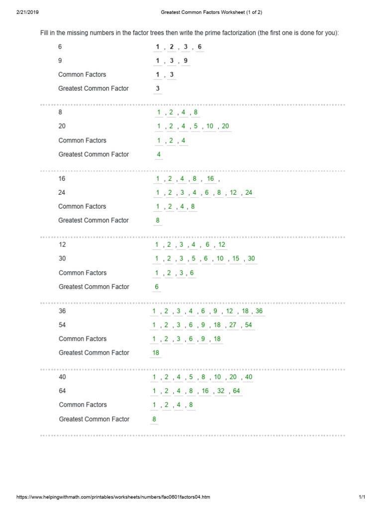 Greatest Common Factors Worksheet (1 of 2) Answer | PDF | Teaching ...