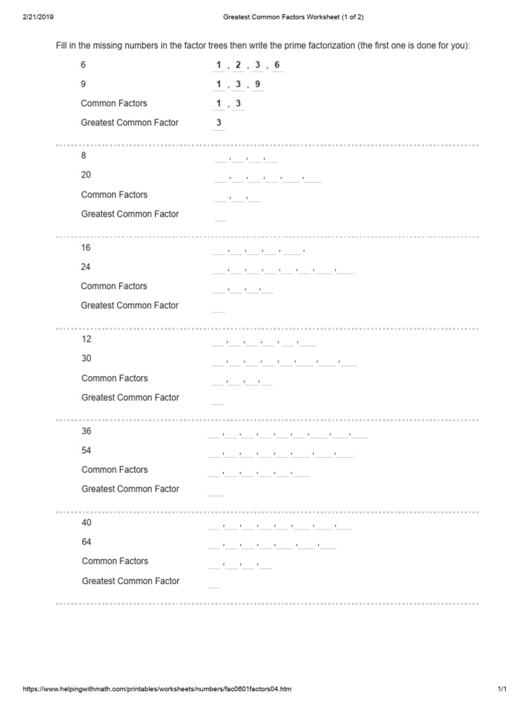 Greatest Common Factors Worksheet (1 of 2) | PDF | Elementary ...
