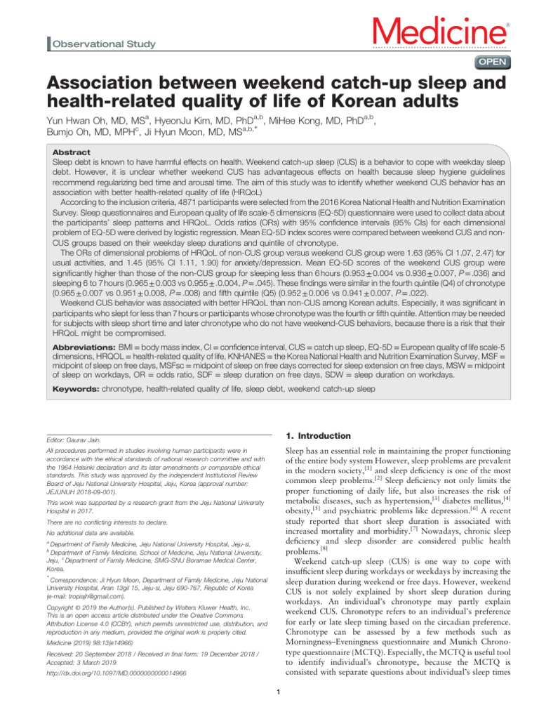 Association Between Weekend Catch-Up Sleep - Korean Adults | PDF ...