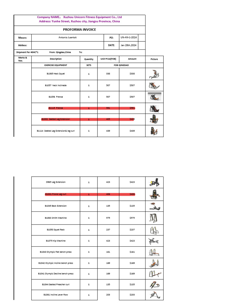 Proforma Invoice for Fitness Equipment | PDF | Weight | Strength Training