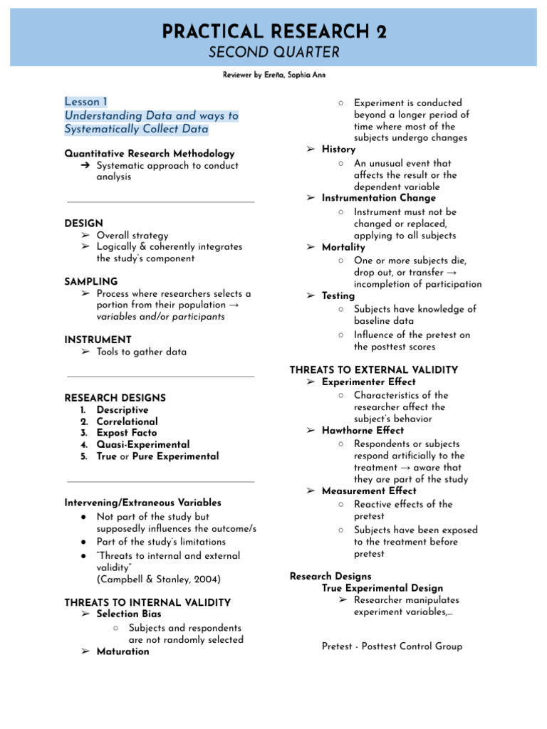 (2nd) PRACTICAL RESEARCH 2 - Lessons Reviewer | PDF | Sampling (Statistics) | Experiment