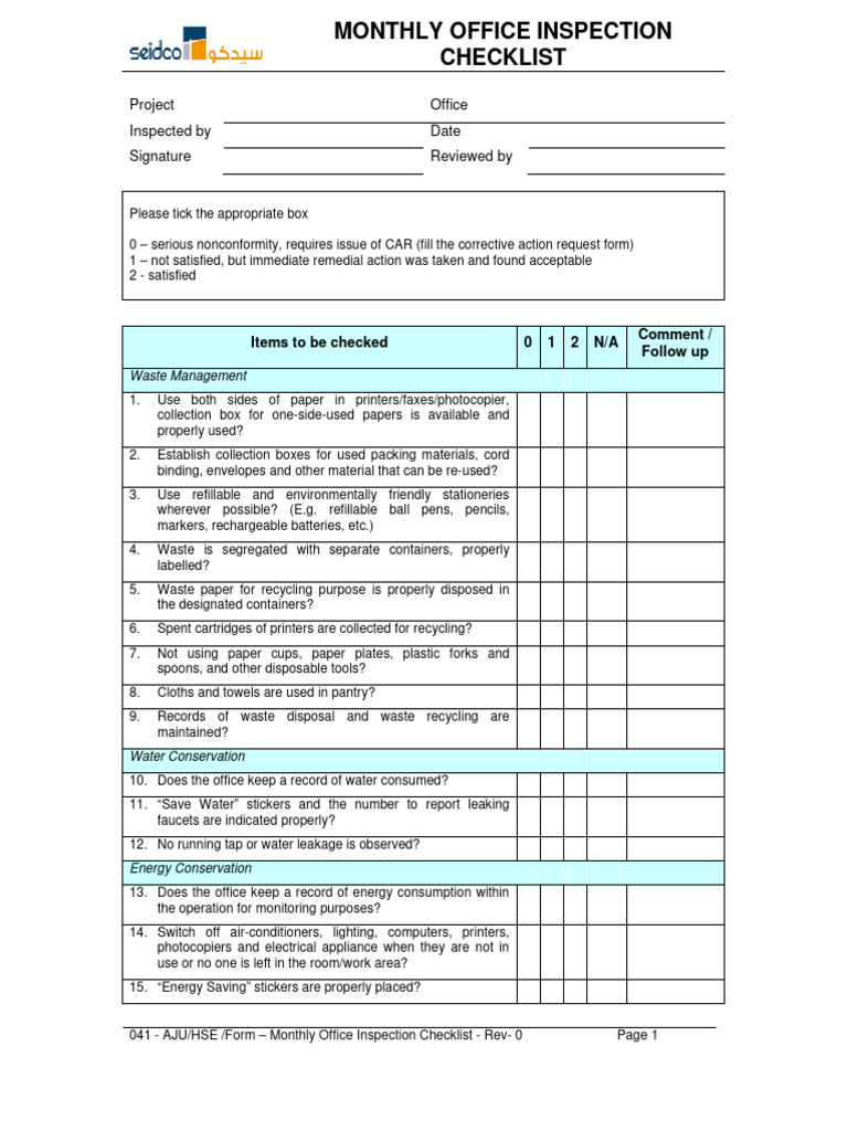 Monthly Office Inspection Checklist | PDF