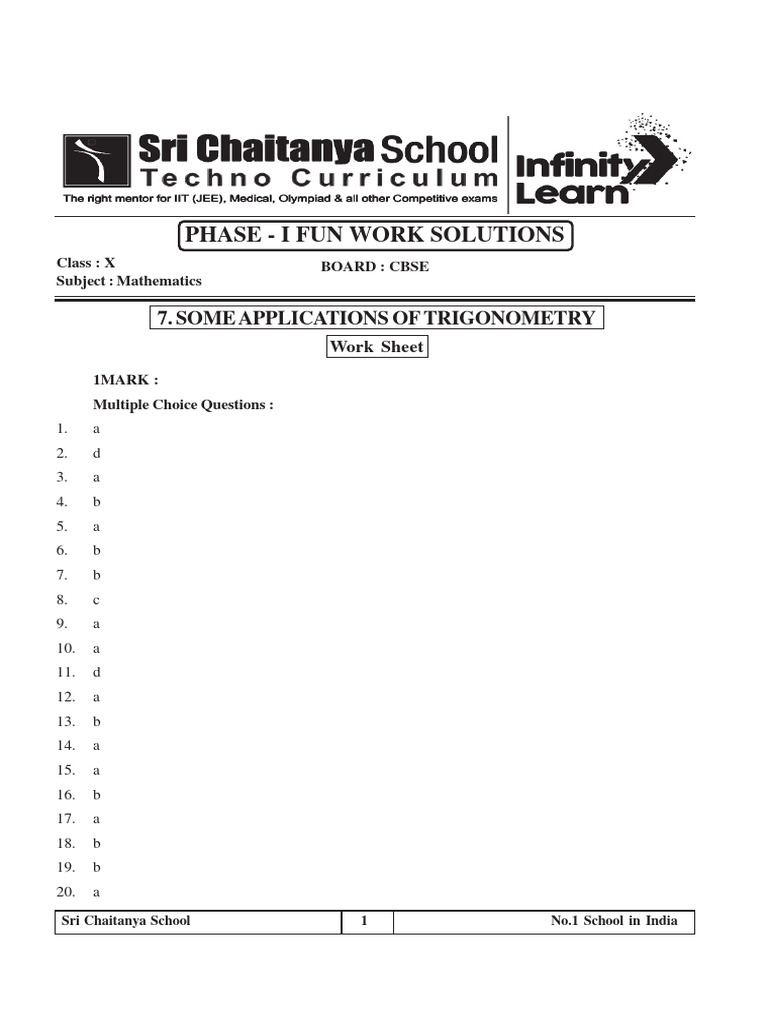 Fun Work Sheet - 7. Some Applications of Trigonometry | PDF