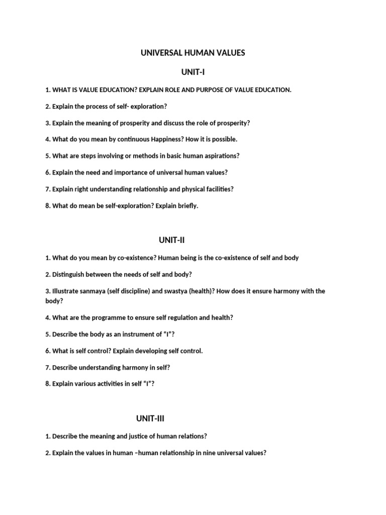 Uhv Ii Year I Sem Imp Questions | PDF | Self | Nature