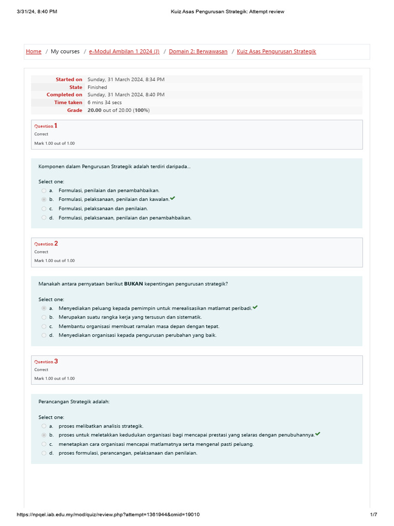 Kuiz Asas Pengurusan Strategik - Attempt 01 Review | PDF