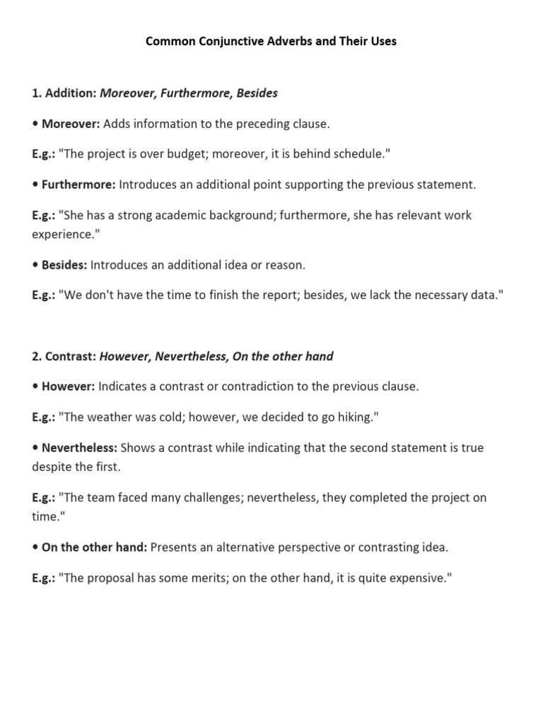 Common Conjunctive Adverbs Explained | PDF | Career & Growth